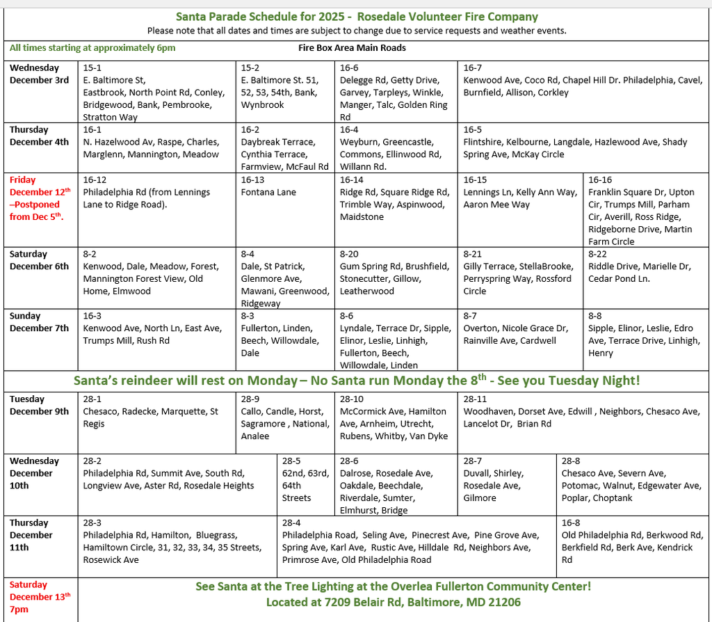 Santa Parade Route Schedule for 2025! - Rosedale Volunteer Fire Company